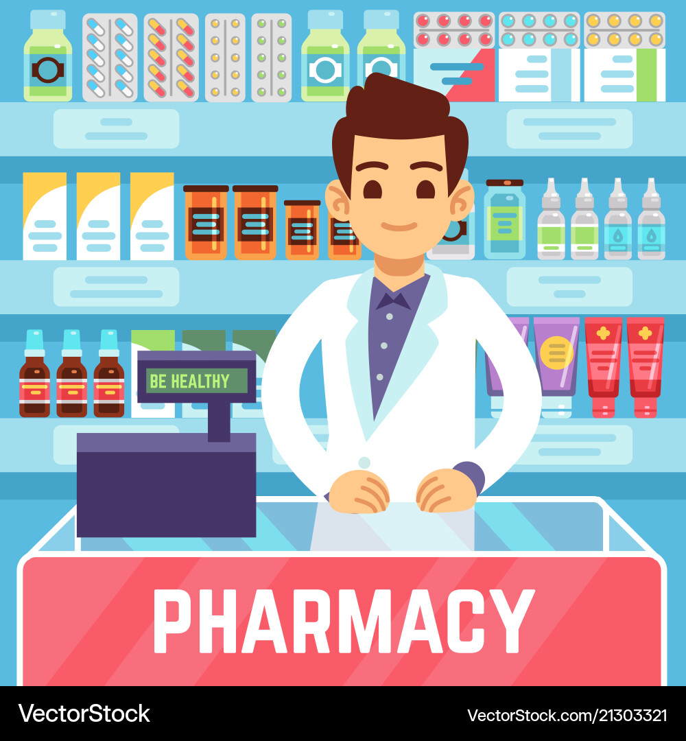 Happy young man pharmacist sells medications in Vector Image