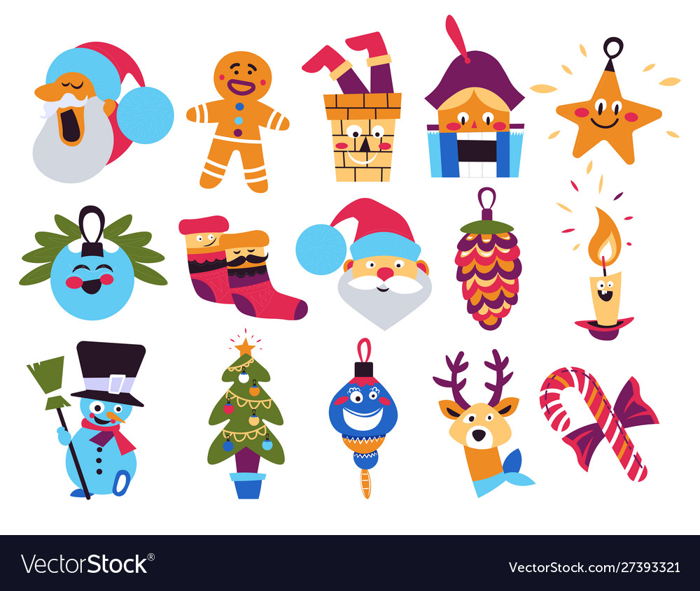 Santa claus and snowman reindeer and xmas tree Vector Image