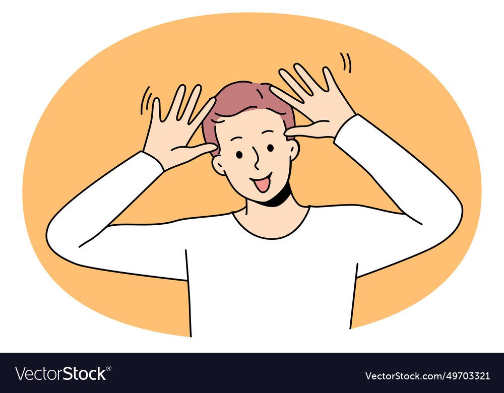 Smiling guy make funny face gesture Royalty Free Vector