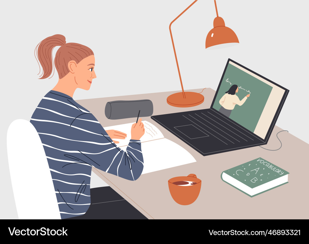 Woman watching video lecture on laptop screen Vector Image