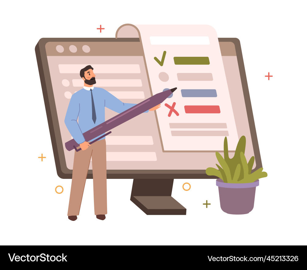 Man answering question of online test on pc Vector Image