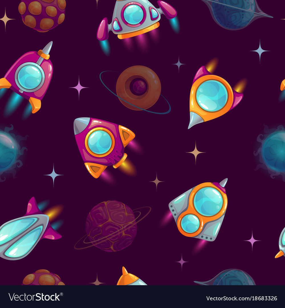 Seamless pattern with cartoon rockets and planets Vector Image