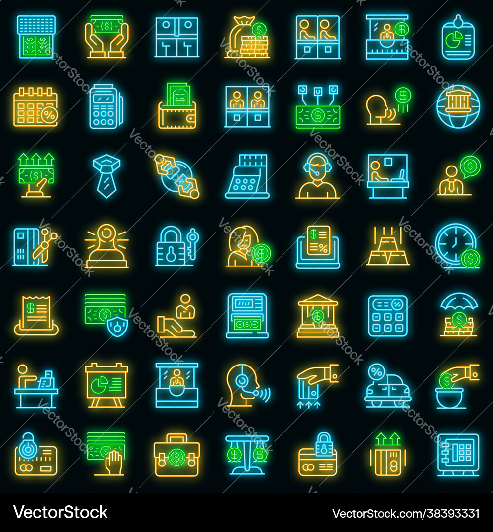 Bank teller icons set neon Royalty Free Vector Image