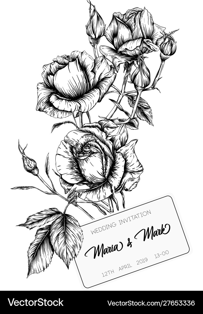 Wedding invitation with roses and spring flowers Vector Image