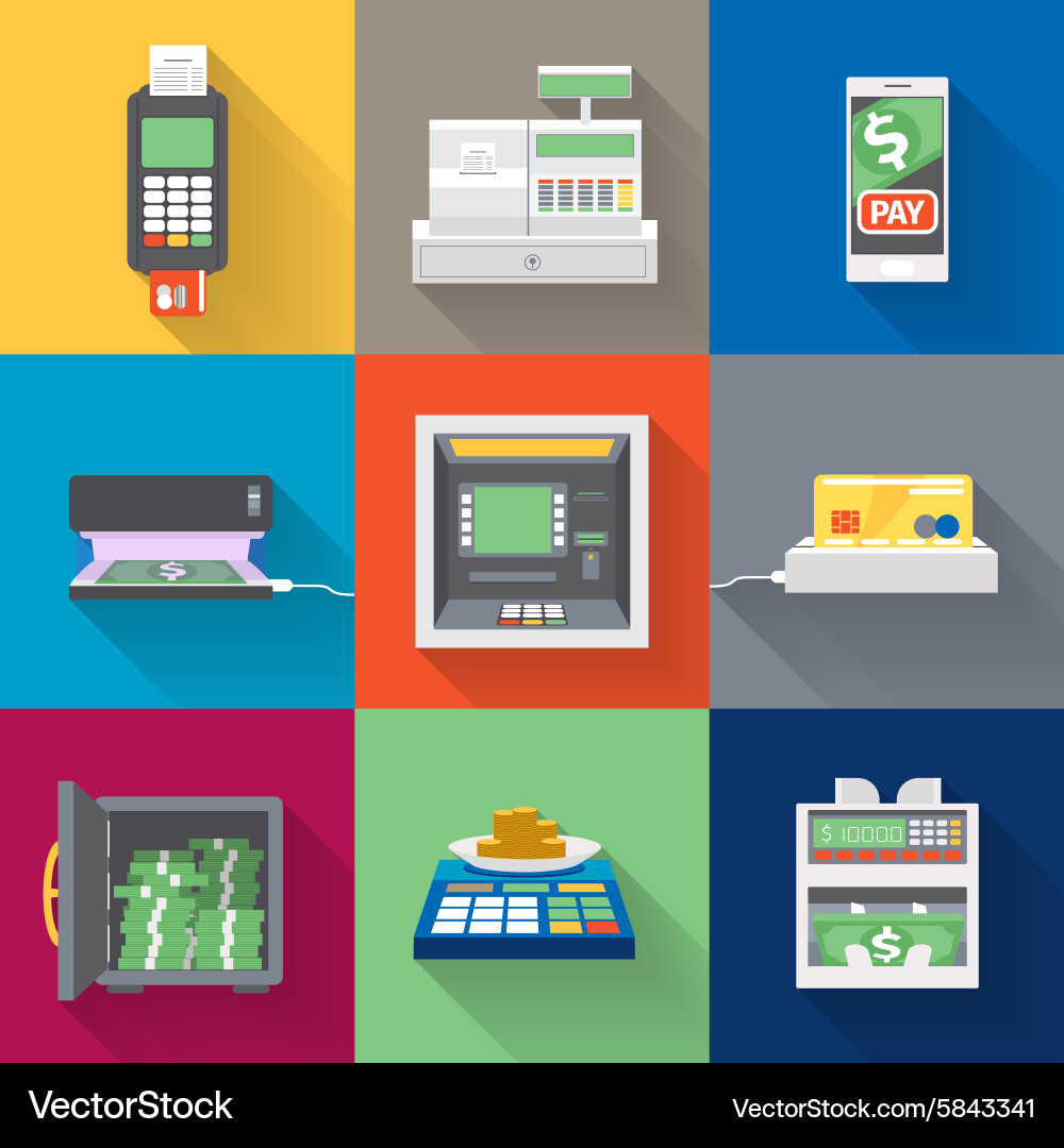Cash machines icons set in flat style Royalty Free Vector
