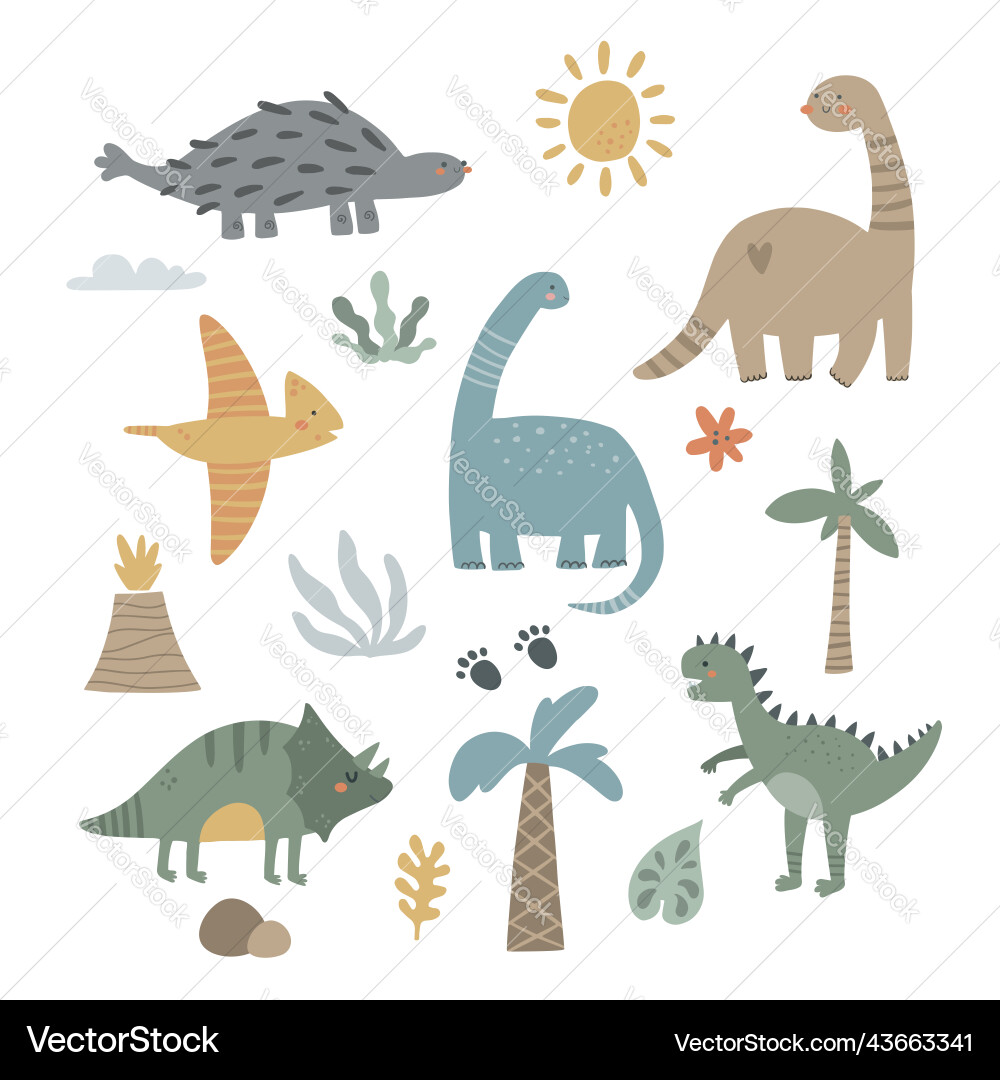 Cute set of dinosaurs and elements clipart Vector Image