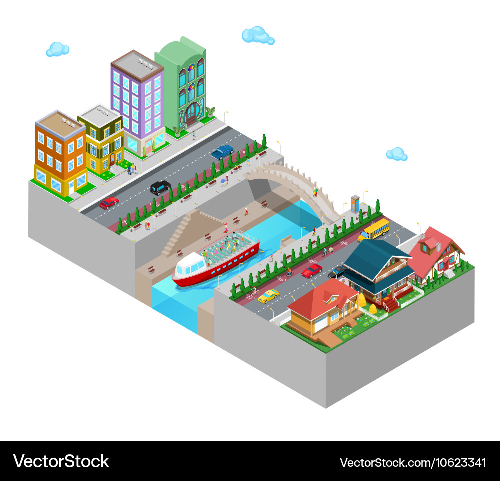 Isometric city with buildings bridge and river Vector Image