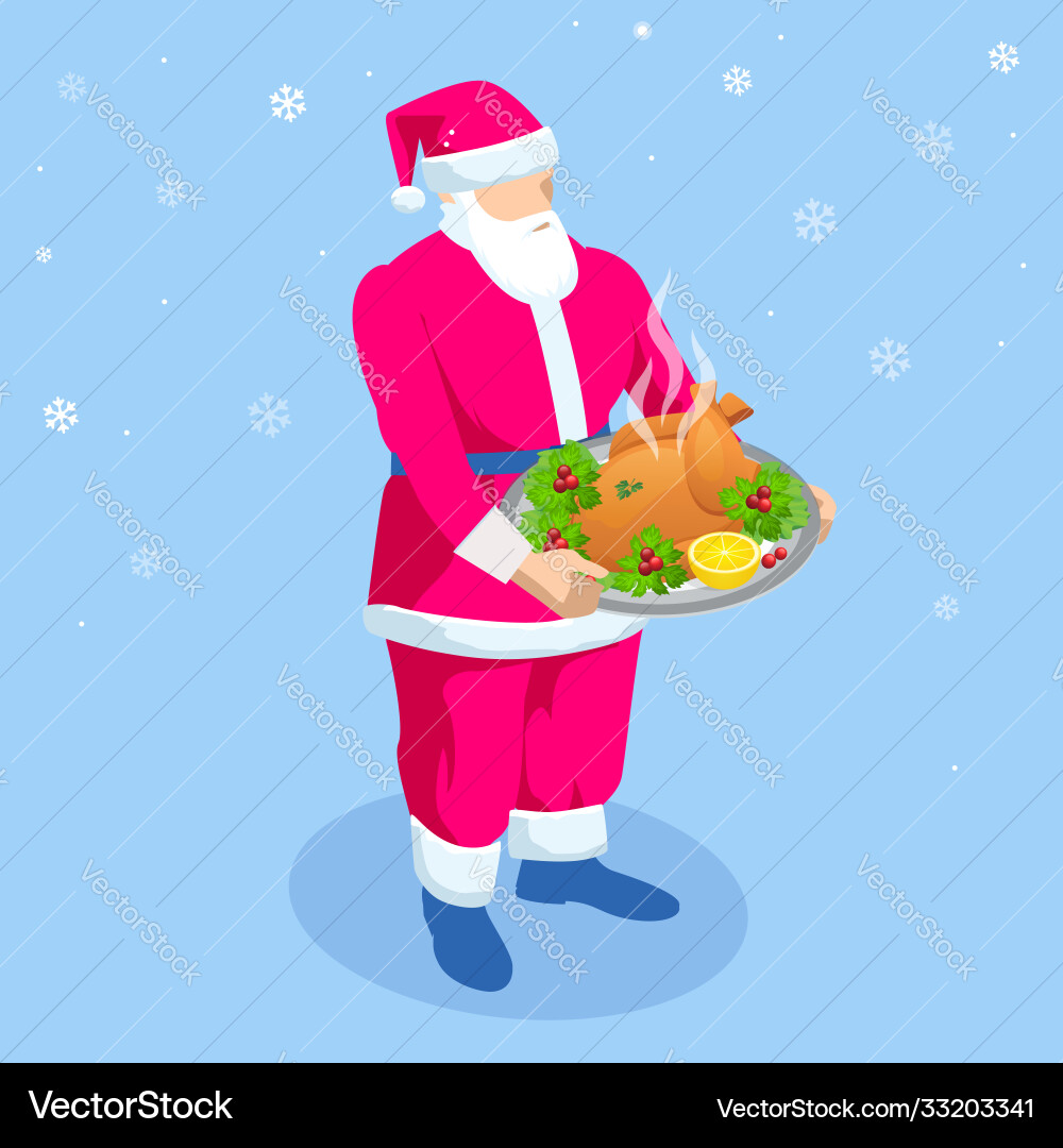 Santa claus standing holding roasted turkey Vector Image