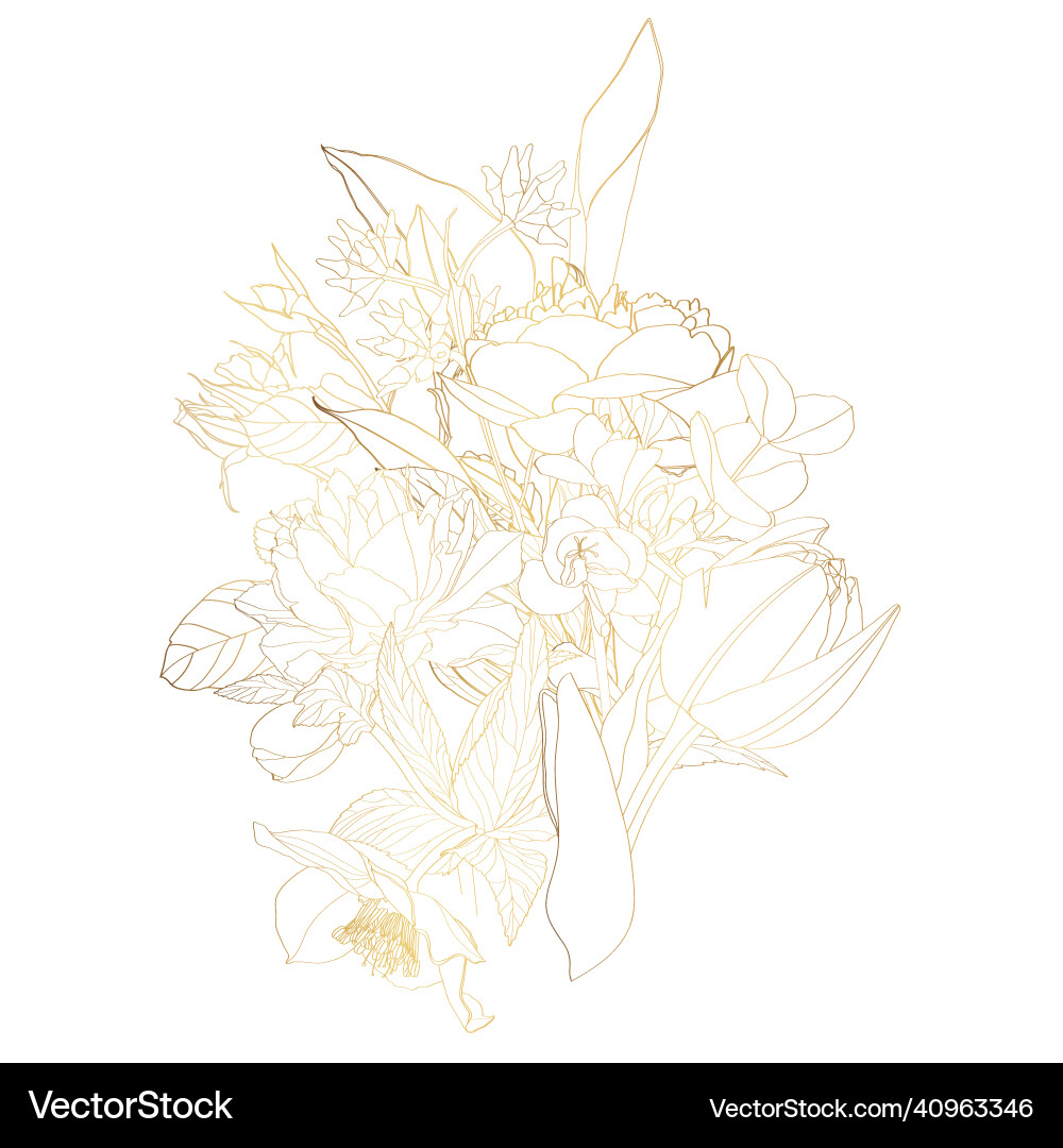 Decorative golden line flowers bouquet Royalty Free Vector