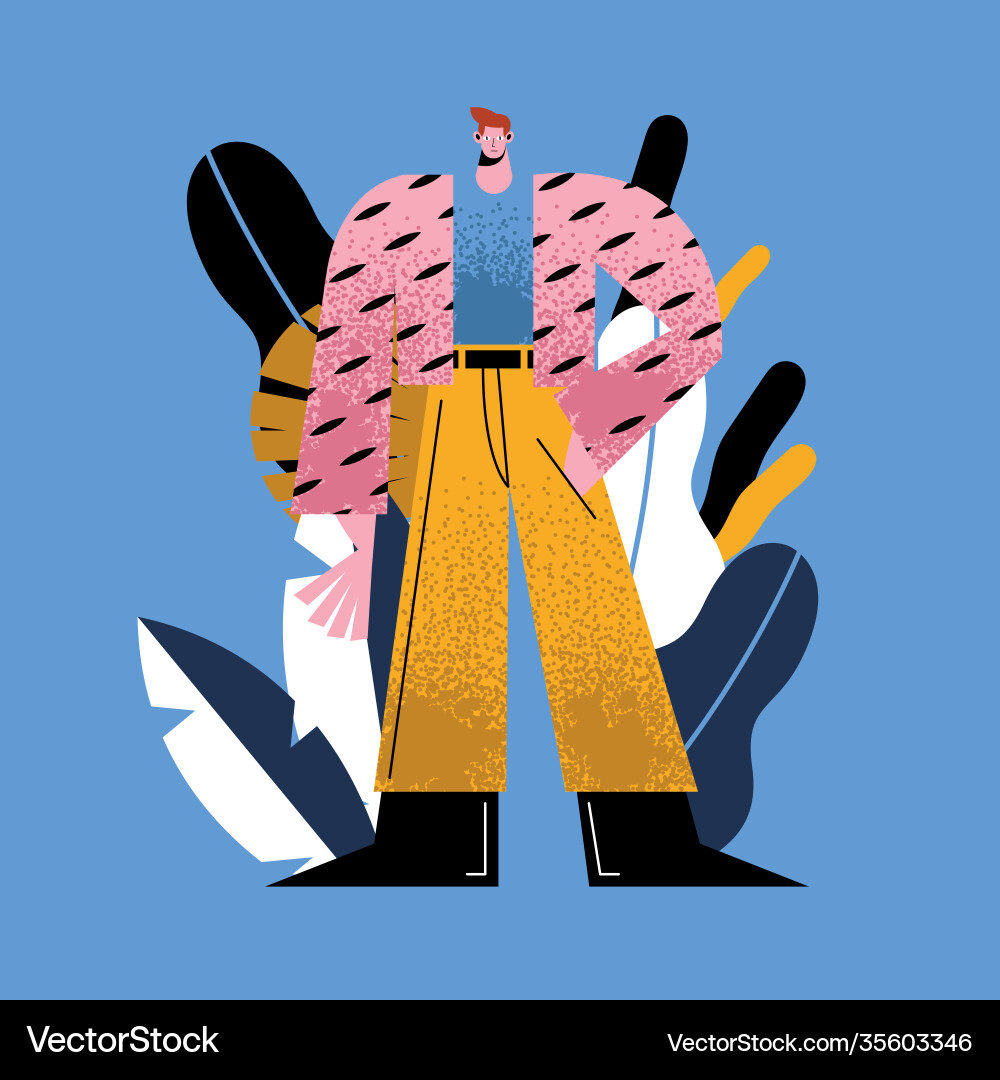Man cartoon with striped jacket on leaves Vector Image