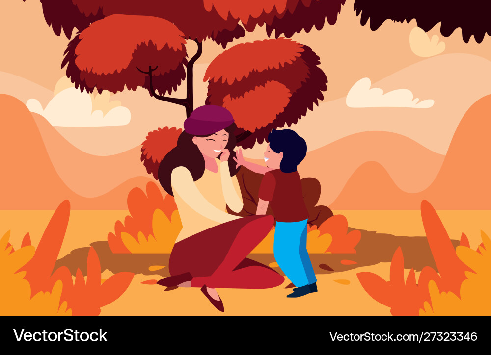 Mother with son in autumn design Royalty Free Vector Image
