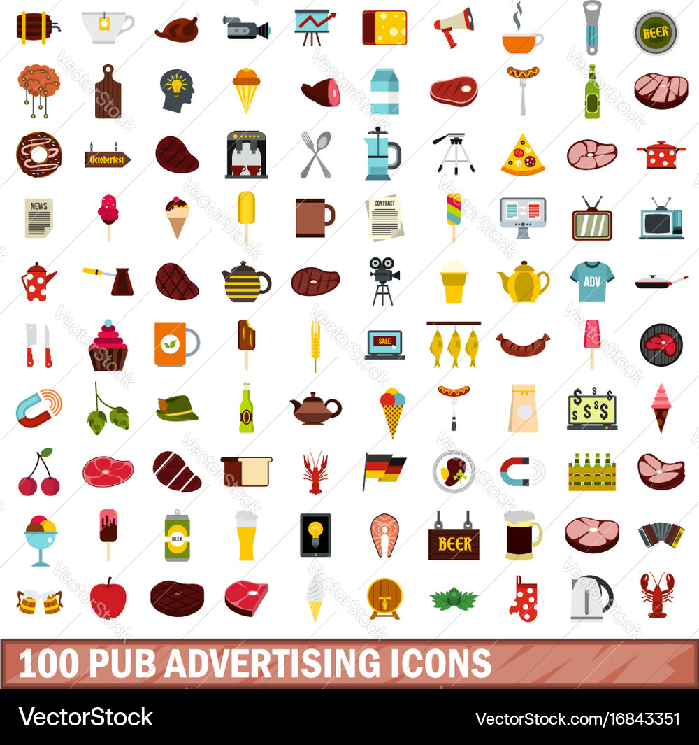 100 pub advertising icons set flat style Vector Image