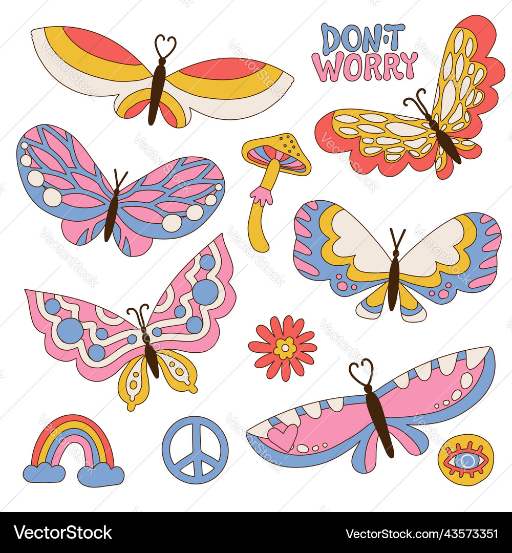 Butterfly retro groovy set isolated on white Vector Image