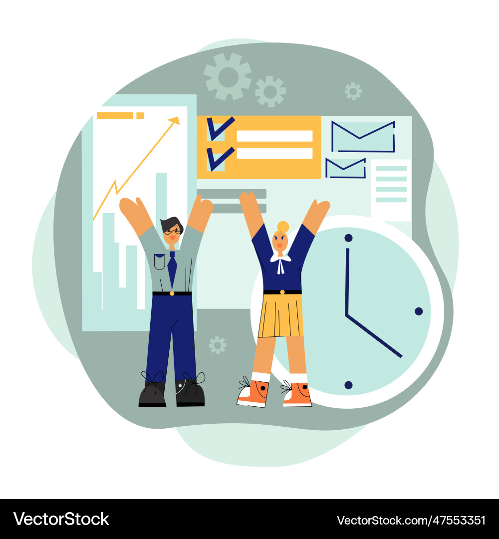 Cheerful people working while managing time Vector Image