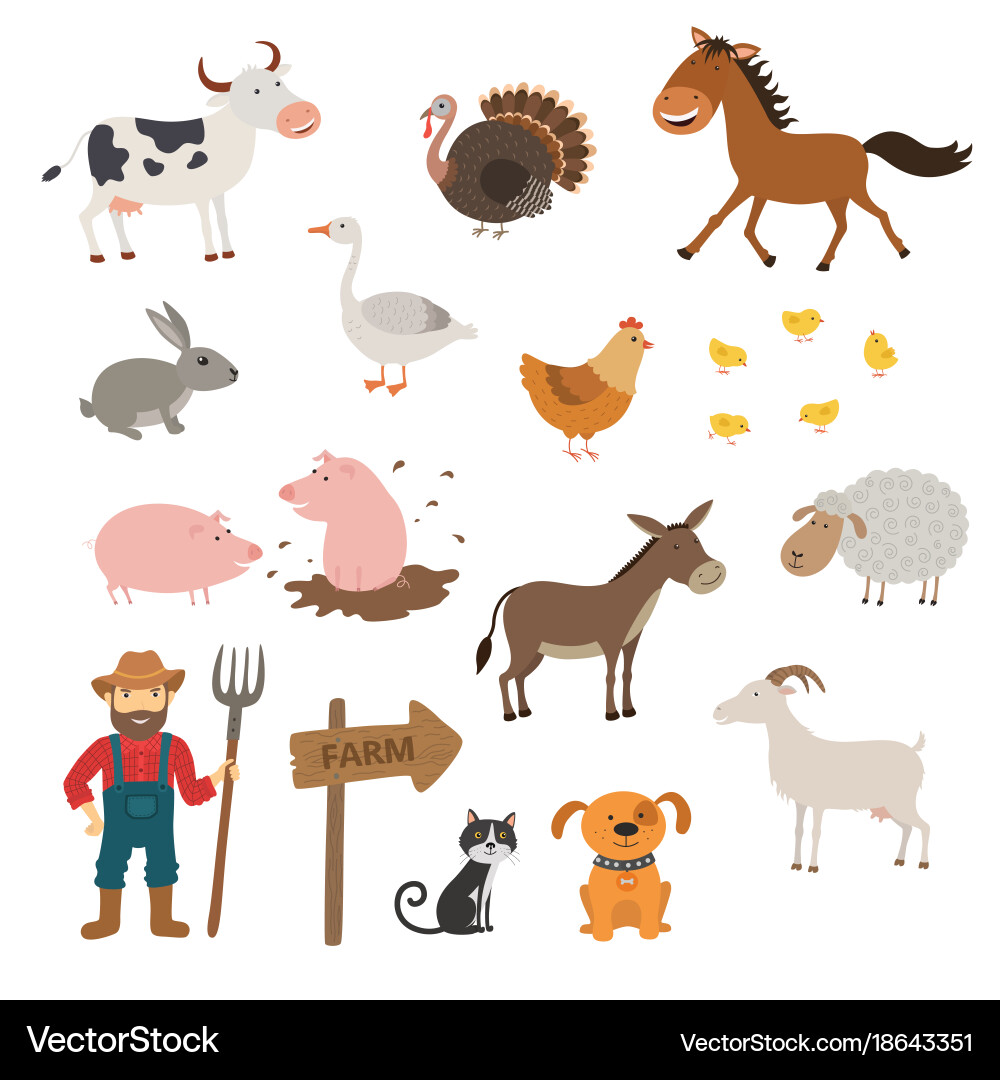 Cute farm animals set in flat style isolated Vector Image