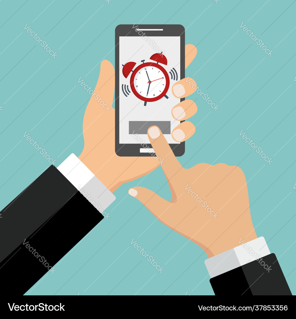 Phone with an alarm clock in hand Royalty Free Vector Image