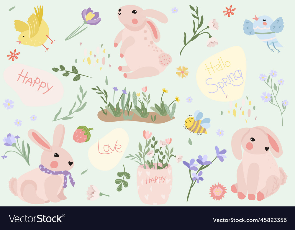 Spring composition with a cute rabbit chickens Vector Image