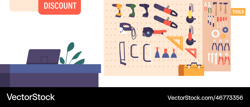 Tool shop interior with cashier desk and rows Vector Image