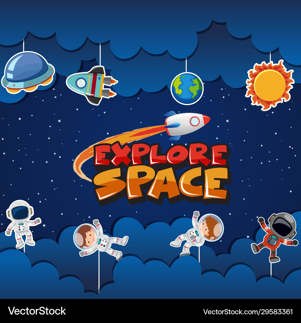 Poster design with many astronauts and planets in Vector Image