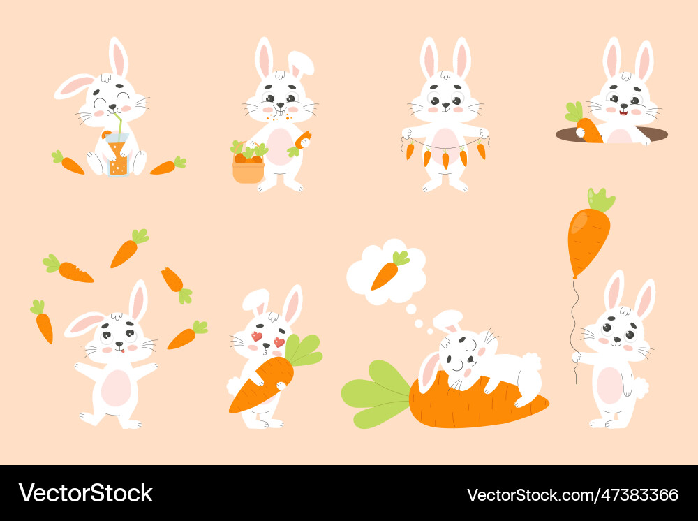 Set cute little white bunny with carrot Royalty Free Vector