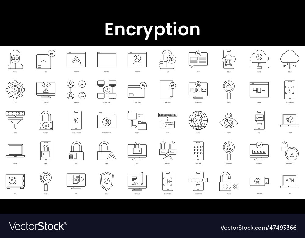 Set of outline encryption icons minimalist thin Vector Image