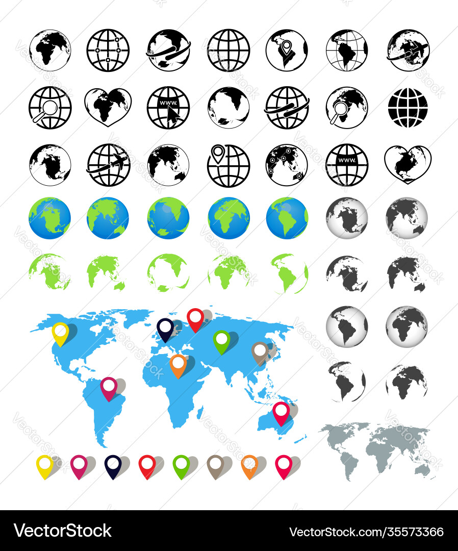 World maps on globes icons earth global map Vector Image