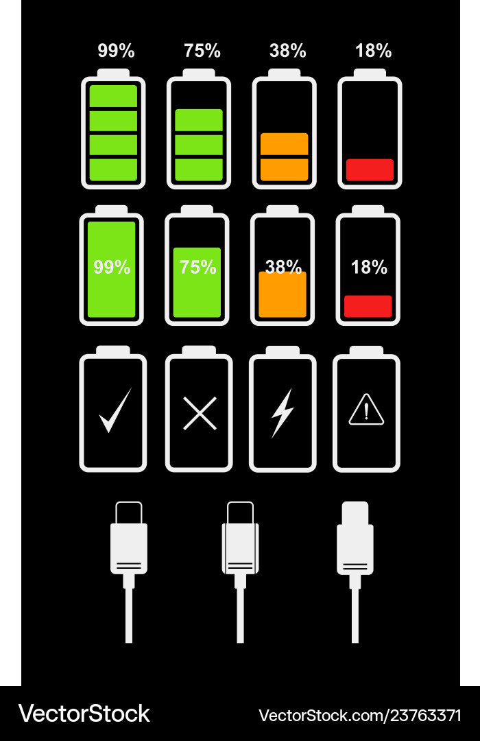 Battery indicator icons and charger connector Vector Image