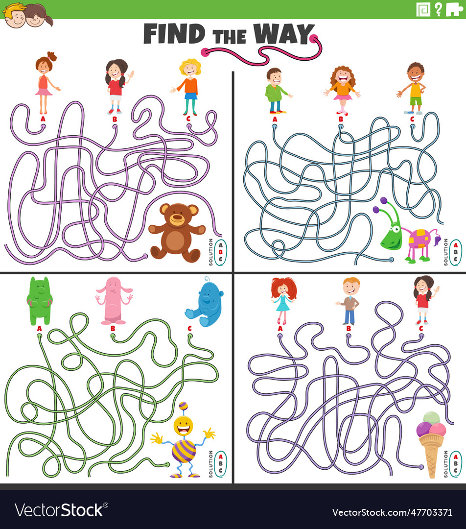 Find the way maze games set with cartoon kids Vector Image