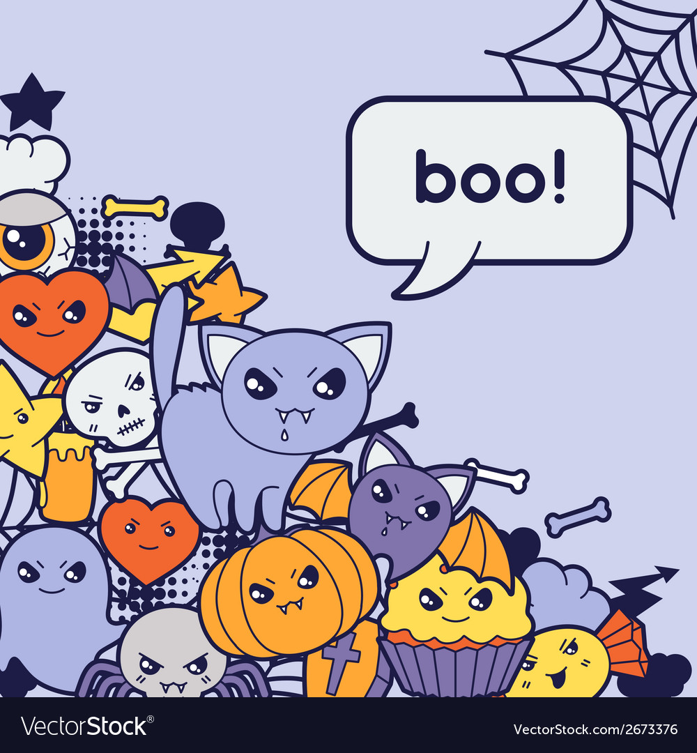 Halloween kawaii greeting card with cute doodles Vector Image