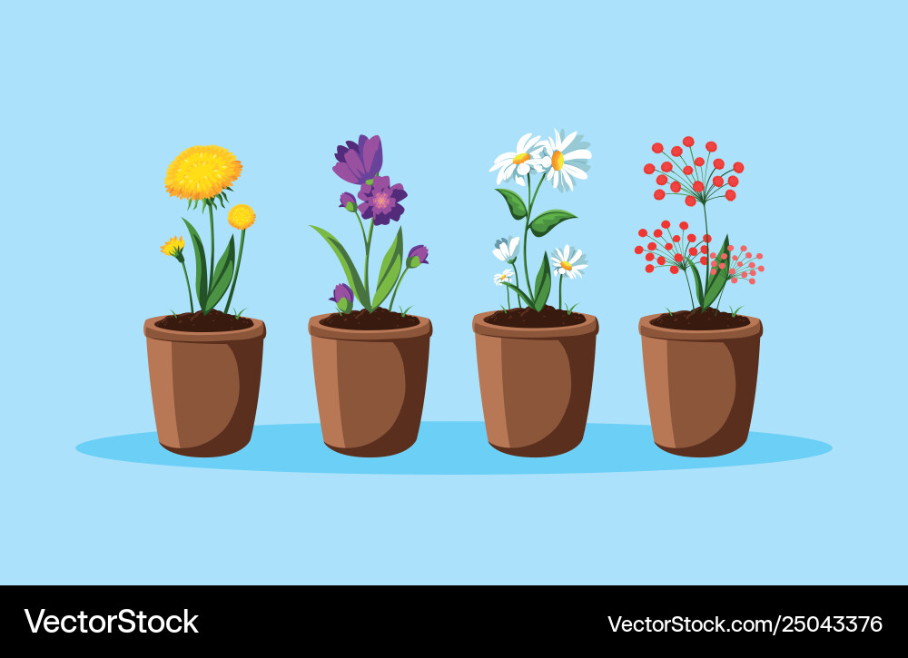 Set beautiful spring flowers in pot Royalty Free Vector