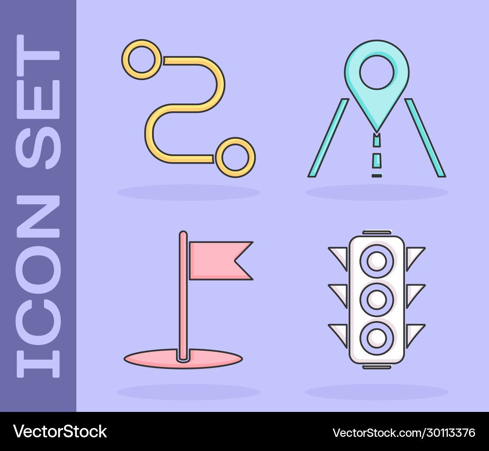 Set traffic light route location flag and road Vector Image