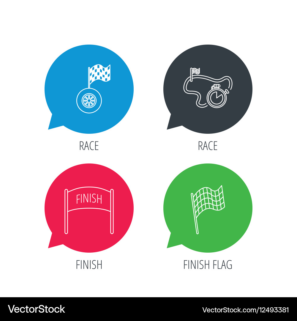 Finish flag race timer and wheel icons Royalty Free Vector