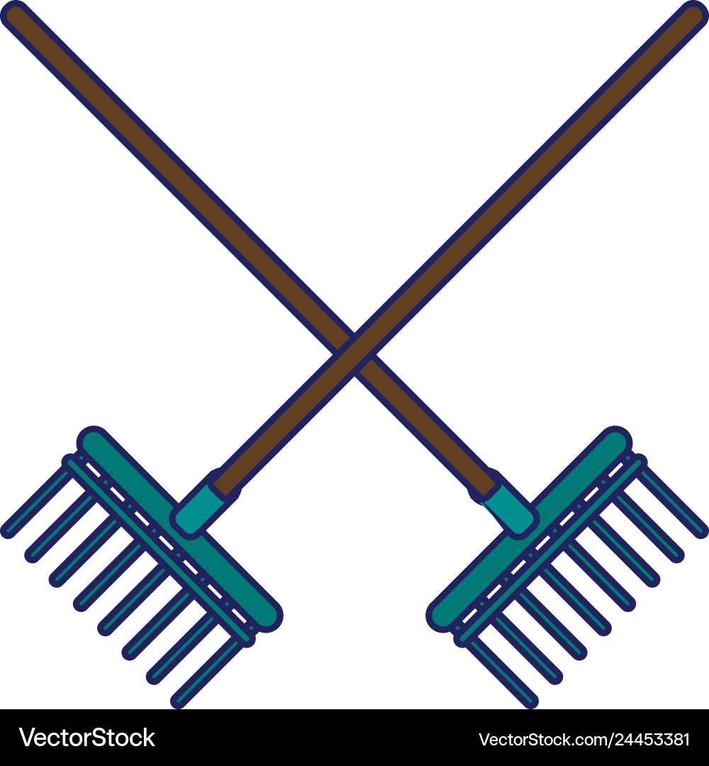 Garden rakes tools crossed blue lines Royalty Free Vector