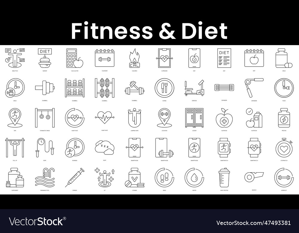 Set of outline fitness and diet icons minimalist Vector Image