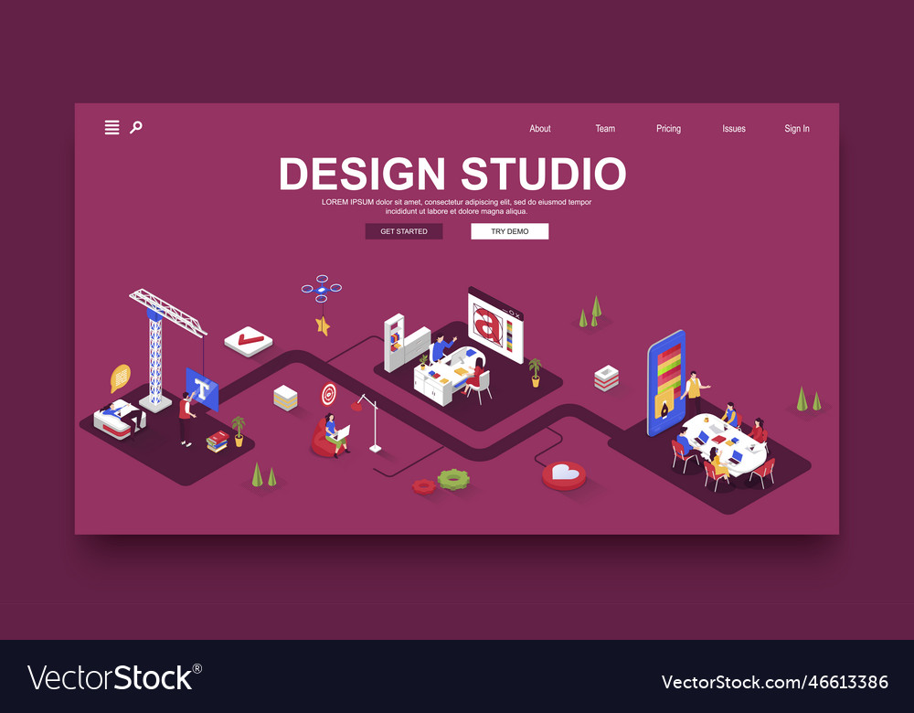 Design studio concept 3d isometric landing page Vector Image