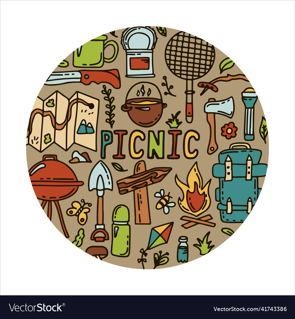 Doodle camping sketch hiking icons Royalty Free Vector Image