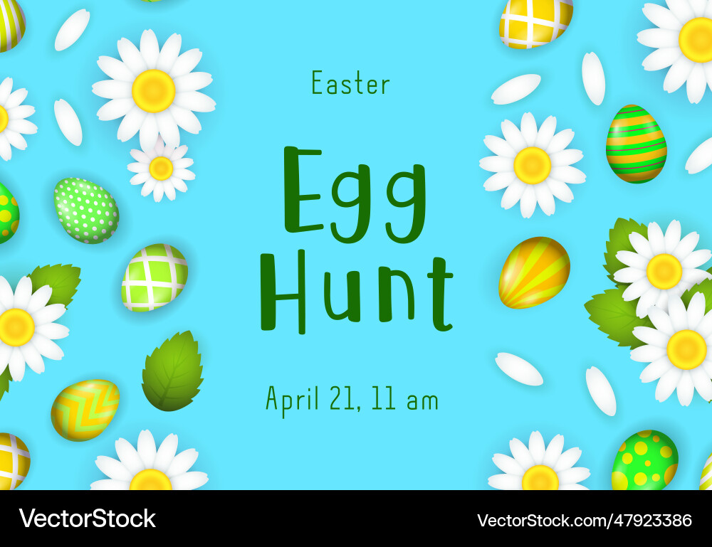 Egg hunt lettering with flowers and painted eggs Vector Image