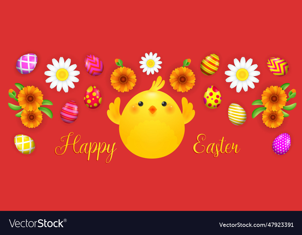 Happy easter lettering with chick flowers Vector Image