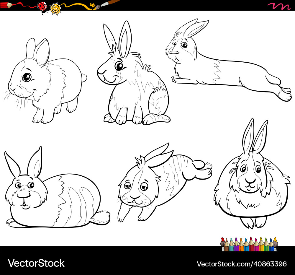 Cartoon miniature rabbits characters set coloring Vector Image