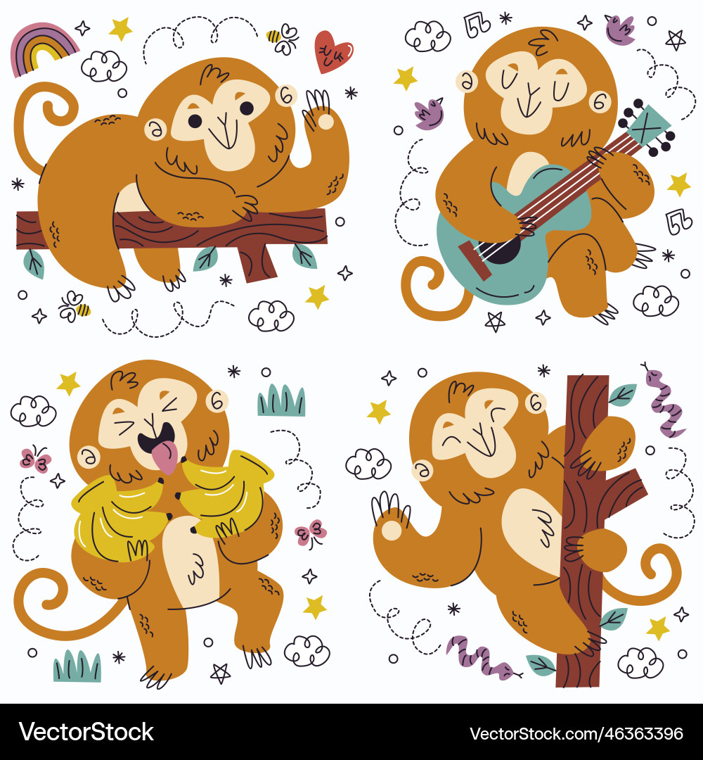 Doodle hand drawn monkey stickers set Royalty Free Vector