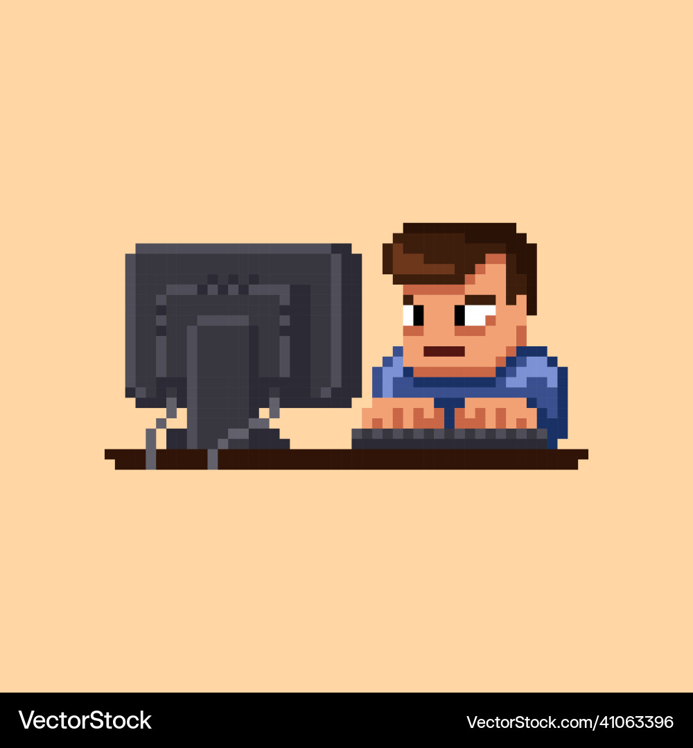 Pixel art tired male character sitting in front Vector Image