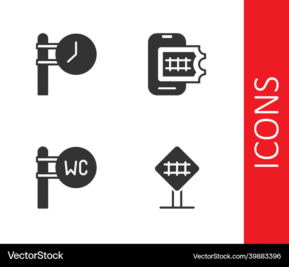Set railroad crossing train station clock toilet Vector Image