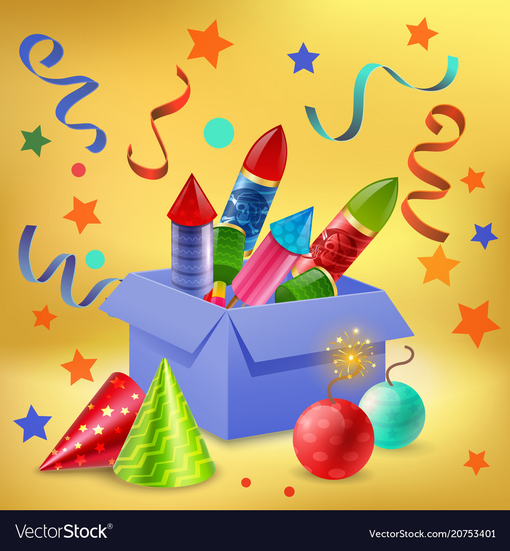 Gift box firecrackers composition Royalty Free Vector Image
