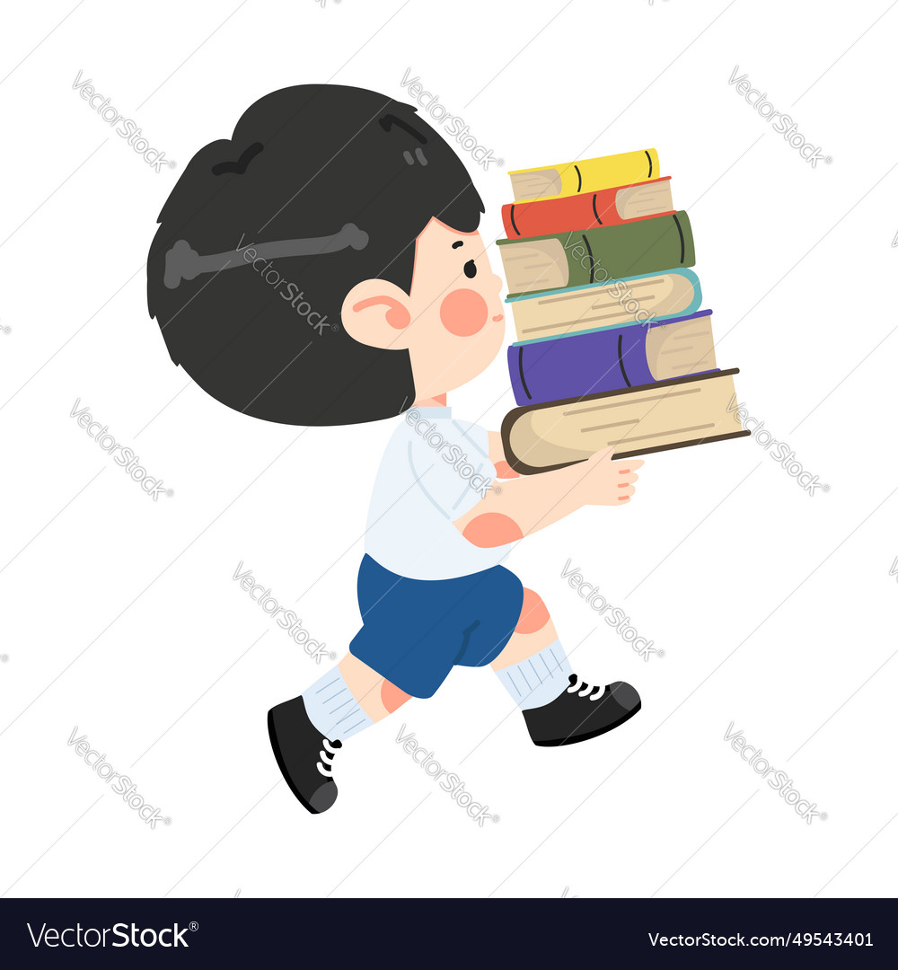 Kid boy student carrying a pile of books Vector Image