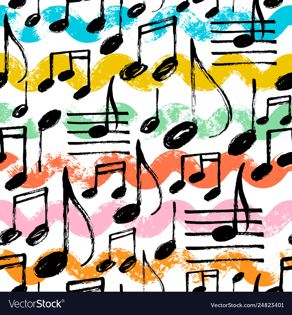 Music notes seamless pattern with waves Royalty Free Vector