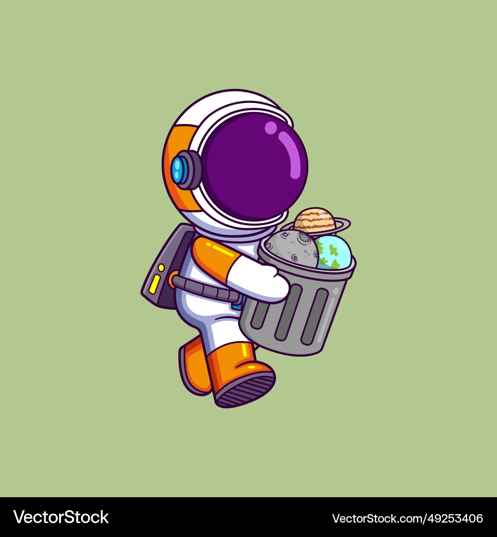 Cute astronaut carrying a trash can containing Vector Image
