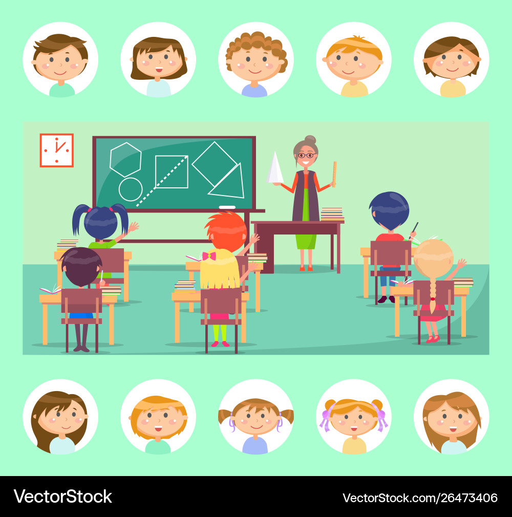 Geometry class school teacher and pupils at desks Vector Image