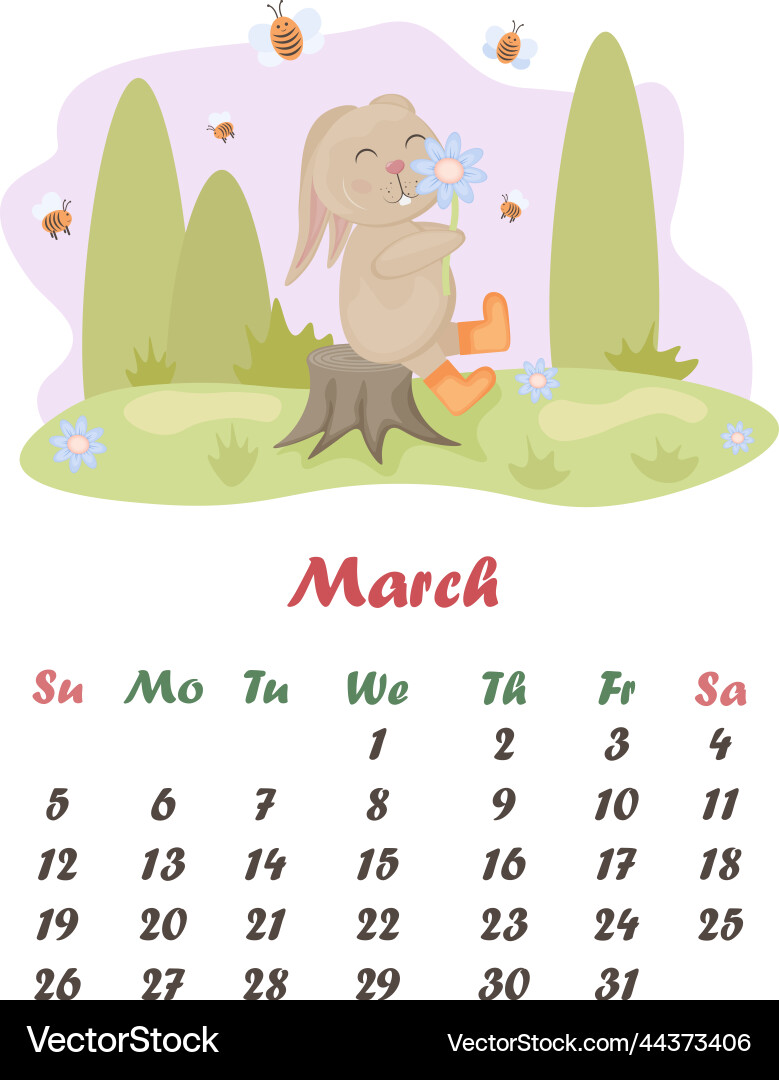 March is a cute cartoon rabbit spring calendar Vector Image