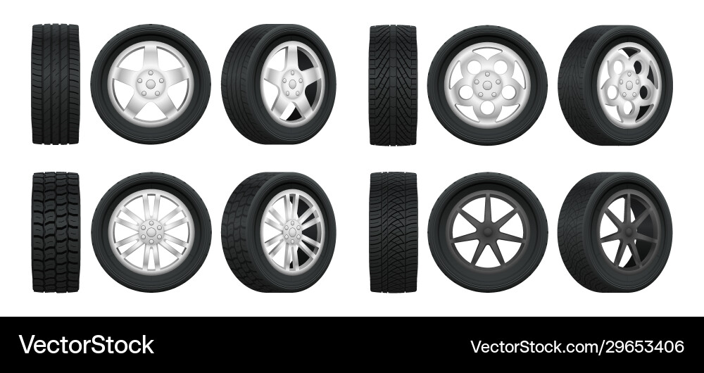 Realistic tires 3d auto tyres and alloy Royalty Free Vector