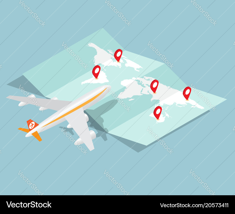 Airplane and brochure map with red pin location Vector Image